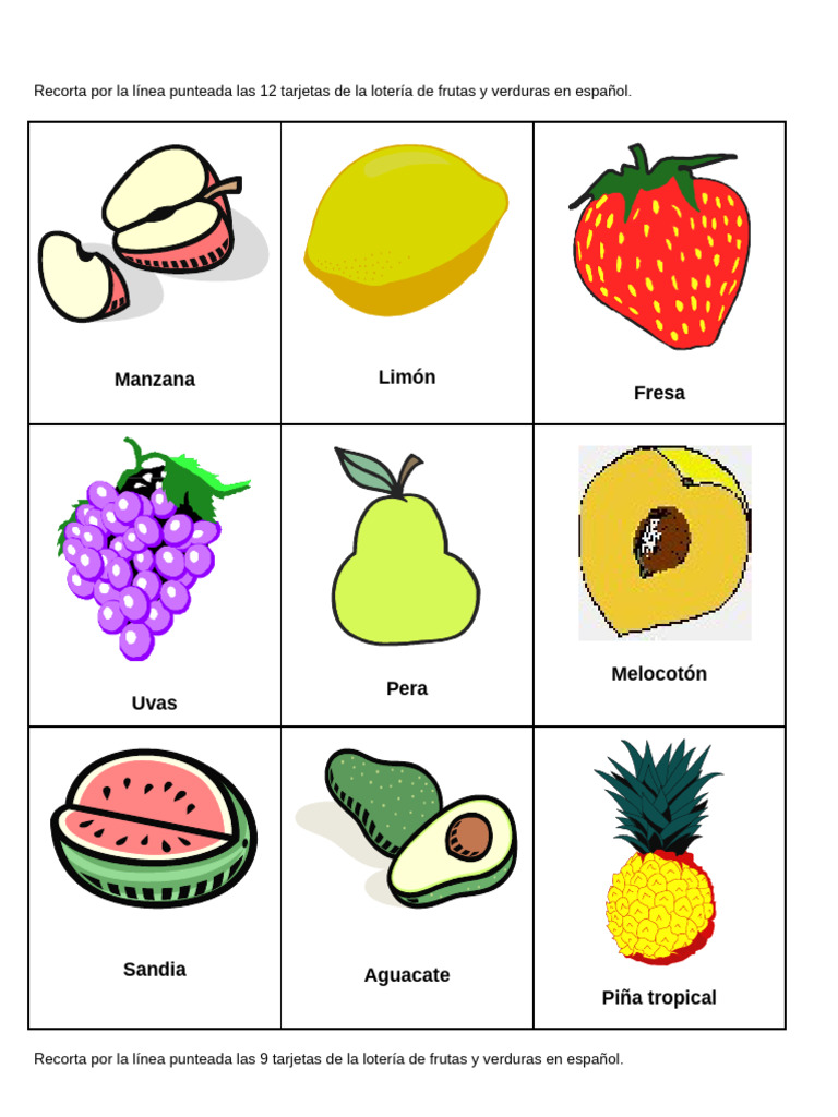 Bingo de Frutas y Verduras en Espac3b1ol 2 | PDF | Fruta | Vegetales
