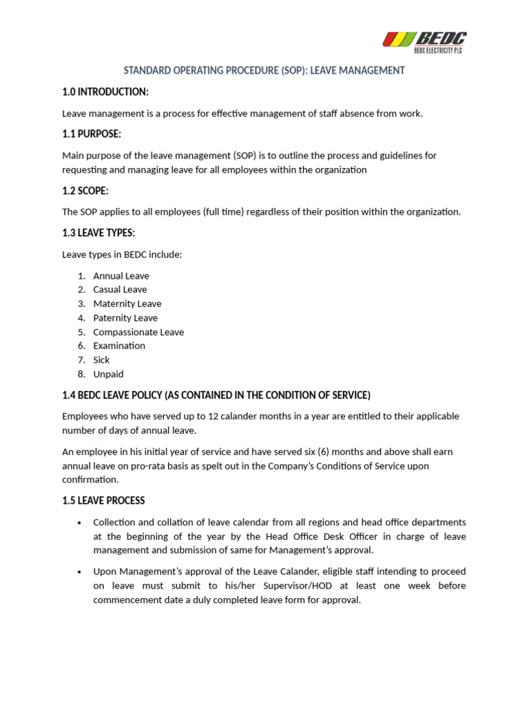 Updated SOP For Leave Management | PDF