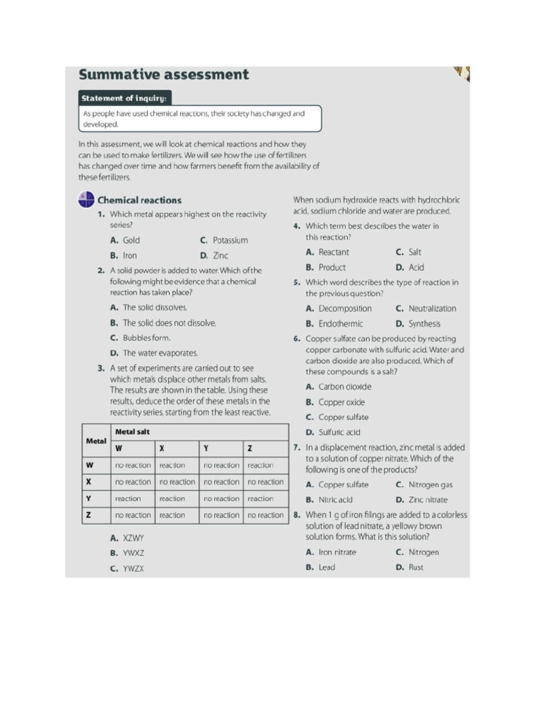 Summative Assessment Grade 8 Chemical Reactions | PDF