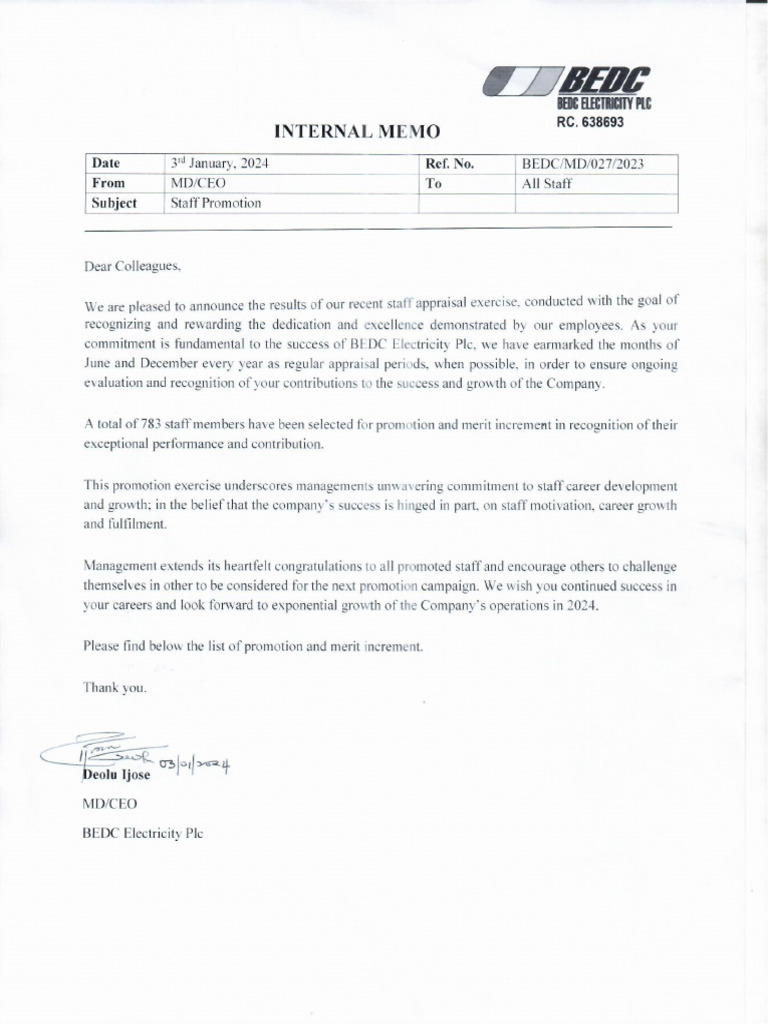 Bedc Staff Promotion List | PDF
