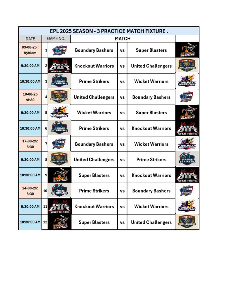 EPL 2025 Practice Match Schedule | PDF