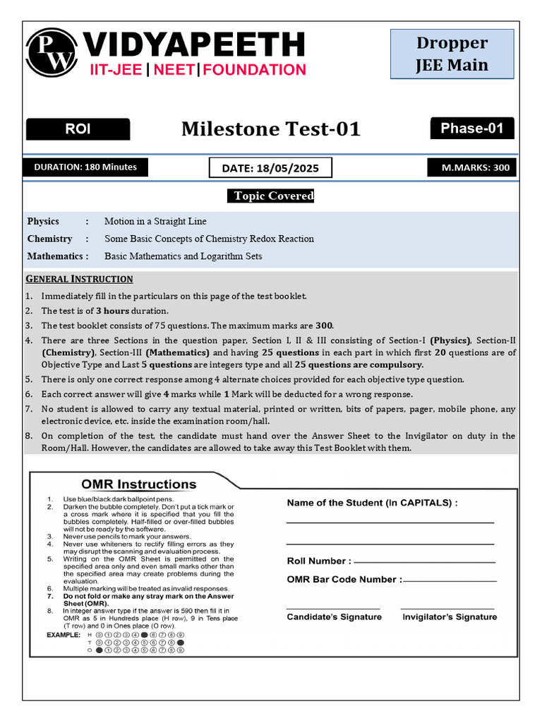 Milestone Test 01 Class Dropper Phase 01 Main 18-05-2025 Question | PDF ...
