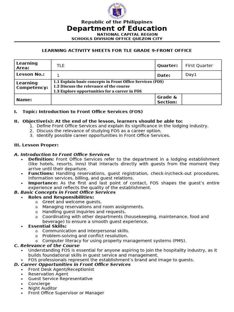 Front Office Services: Grade 9 TLE Guide | PDF | Housekeeping | Learning