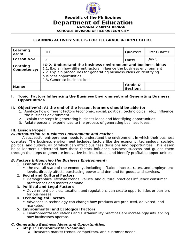 Business Environment Factors for TLE 9 | PDF | Market (Economics ...