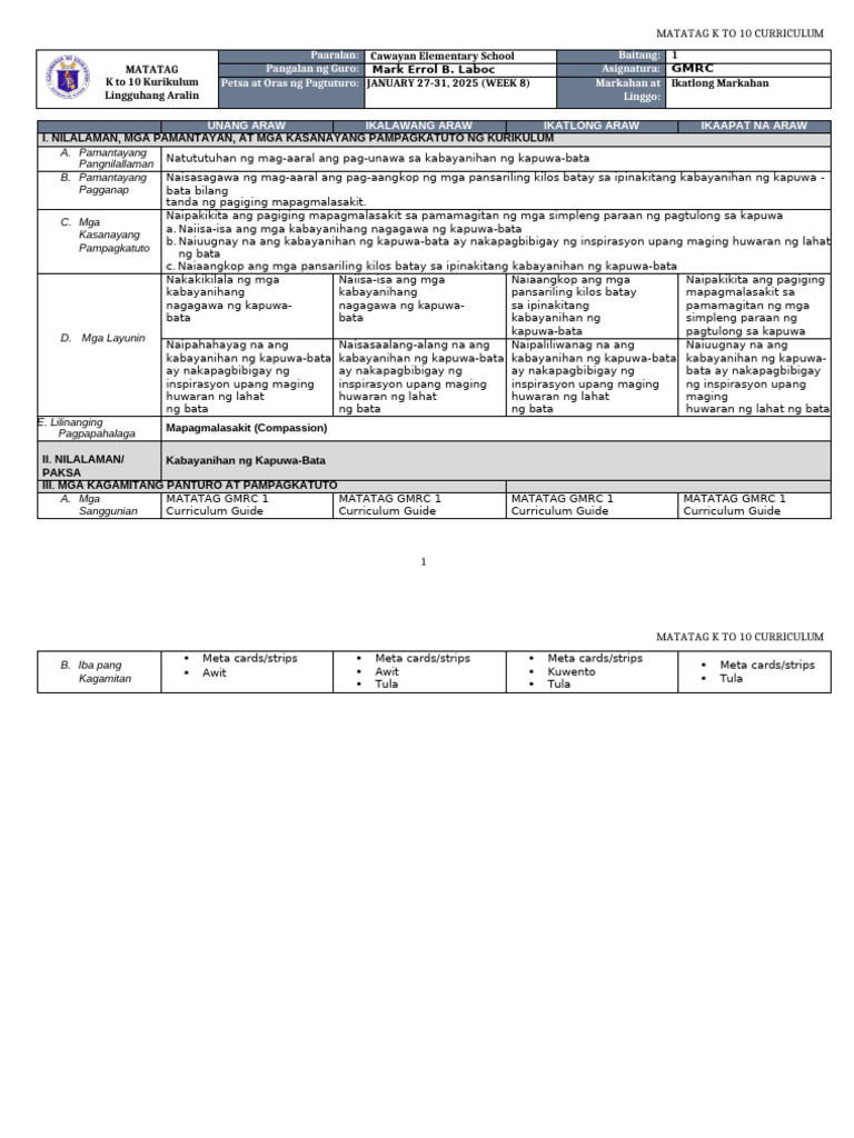 DLL Matatag - GMRC 1 - Q3 - W8 | PDF
