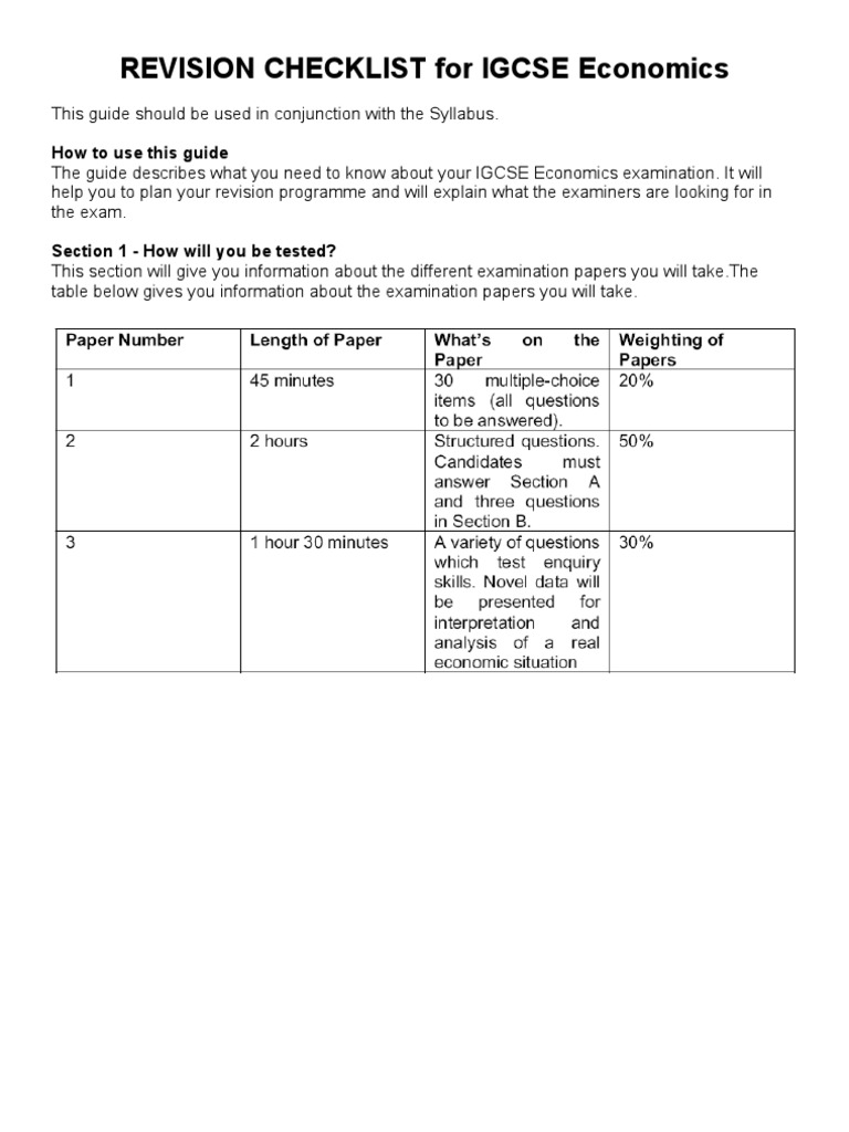 IGCSE Economics Revision Checklist | PDF