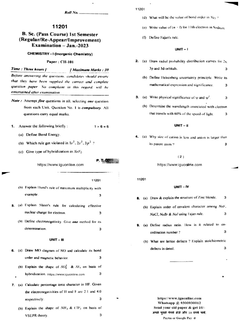 BSC 1 Sem Chemistry 1 Inorganic Chemistry 11201 Jan 2023 | PDF