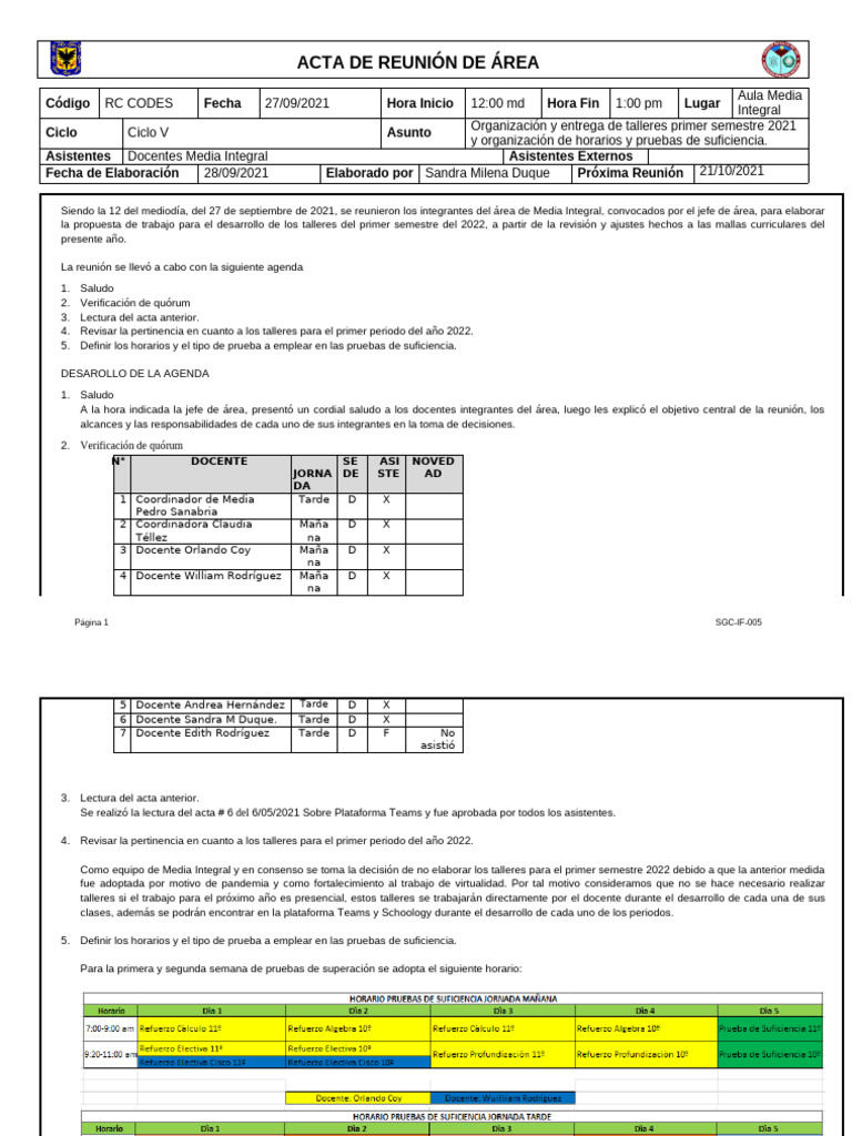 Acta Media Integral Cartillas 2022 | PDF