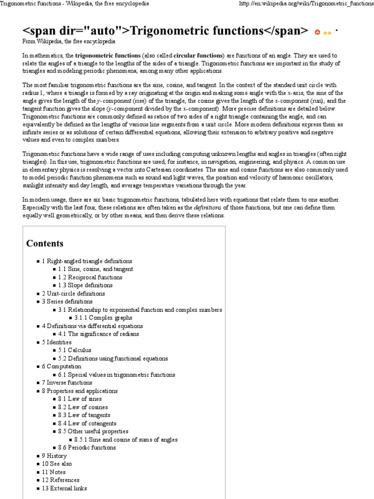 Trigonometric Functions - Wikipedia, The Free Encyclopedia | PDF ...