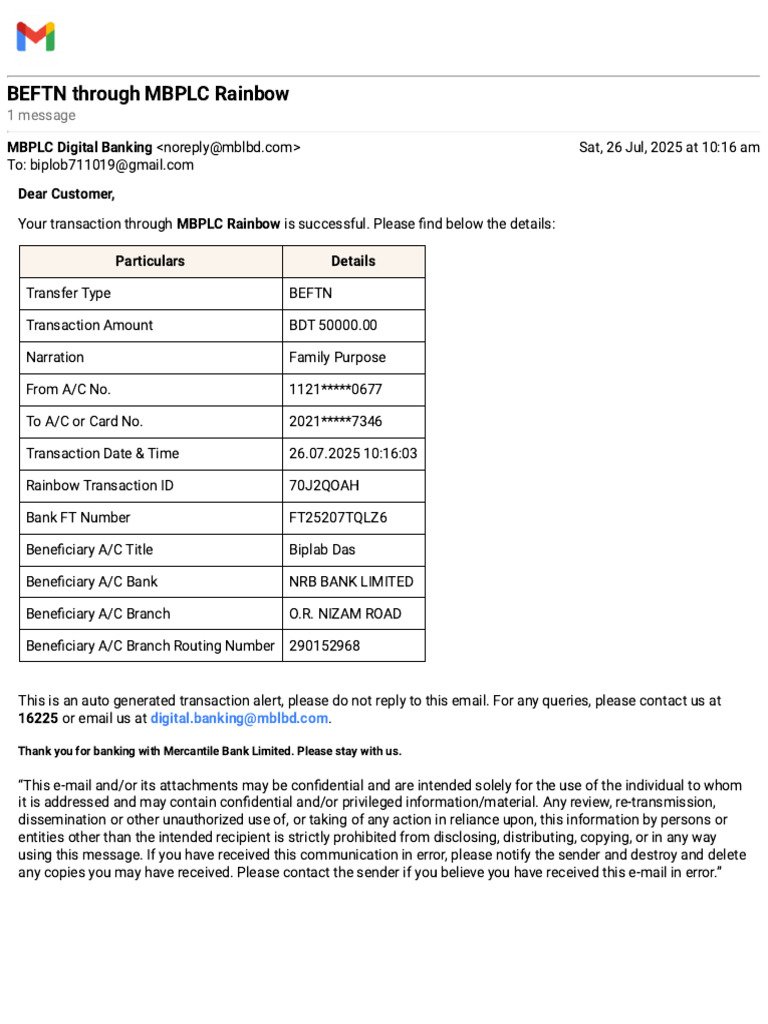 Gmail - BEFTN Through MBPLC Rainbow | PDF