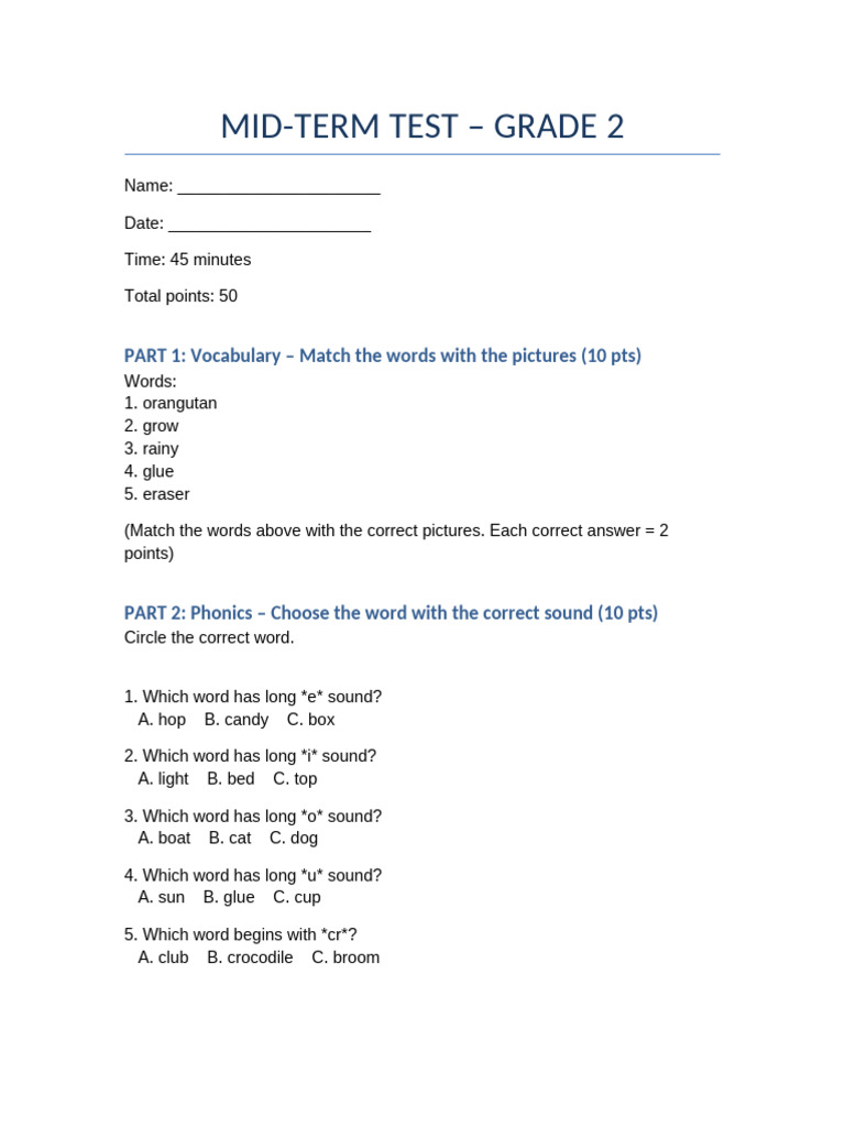 Mid Term Test Grade 2 | PDF