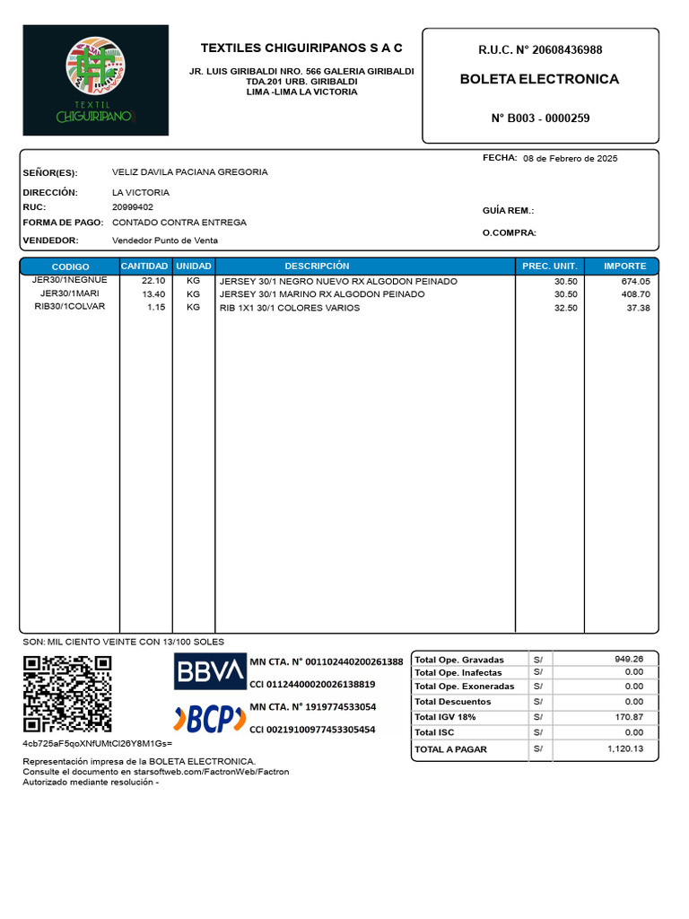 Textiles Chiguiripanos S A C: Boleta Electronica | PDF