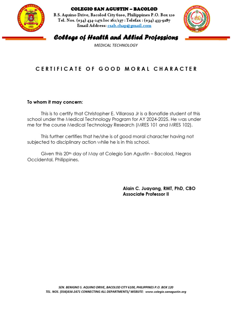 Certificate of Good Moral Character | PDF
