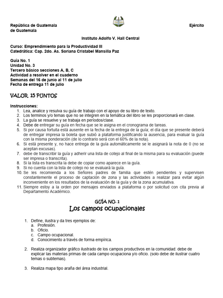 Guia No. 1 3ro. Unidad III | PDF