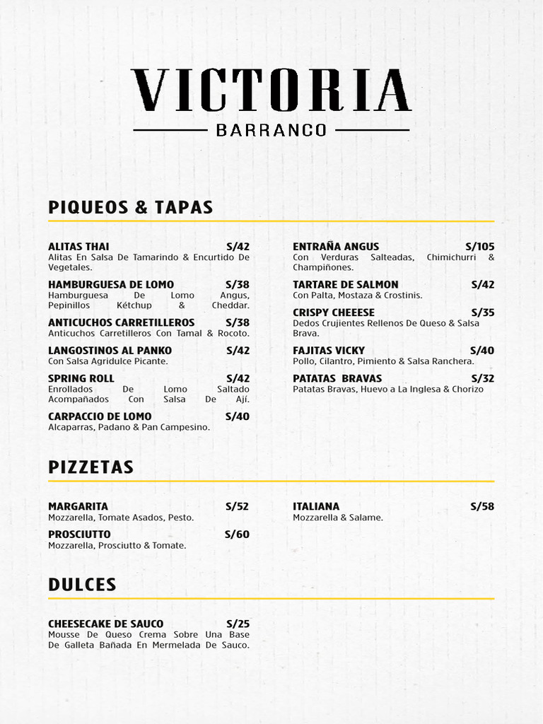 Menú del Bar Victoria: Piqueos y Bebidas | PDF | Alimentos