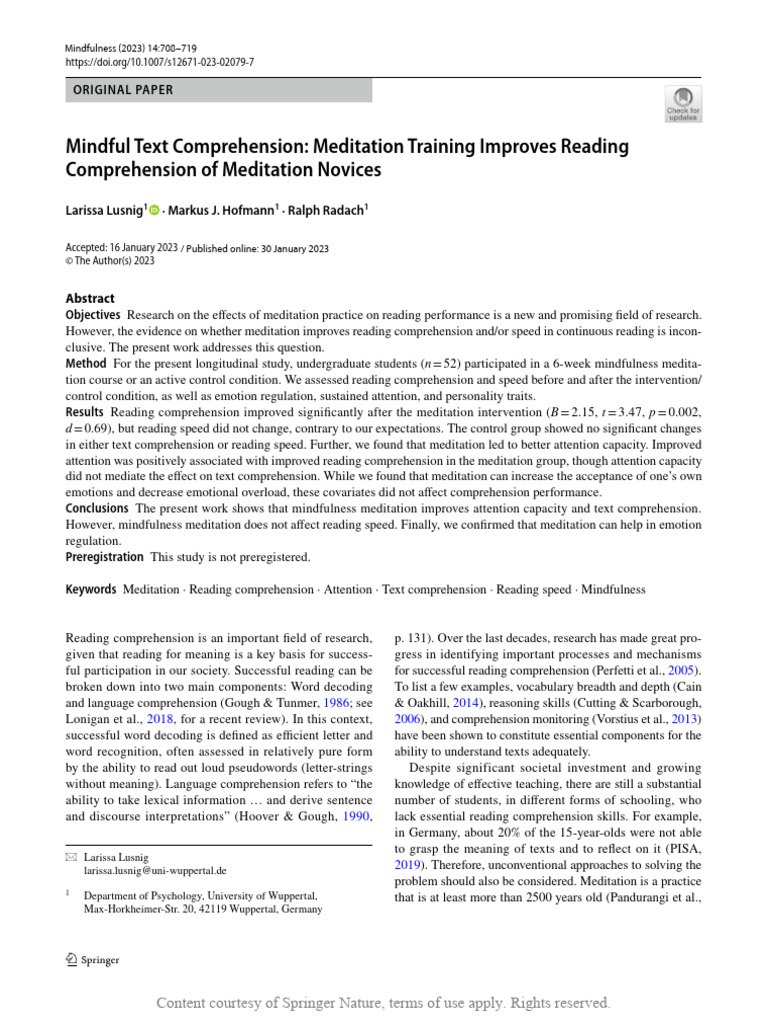 Mindful Text Comprehension Meditation Training Imp | PDF | Mindfulness ...