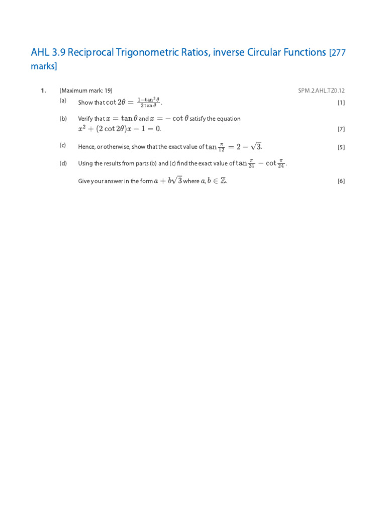 AHL 3.9 Reciprocal Trigonometric Ratios, Inverse Circular Functions | PDF | Trigonometric ...