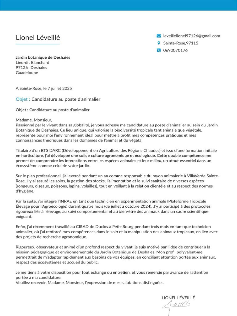 Lettre de Motivation LEVEILLE LIONEL | PDF