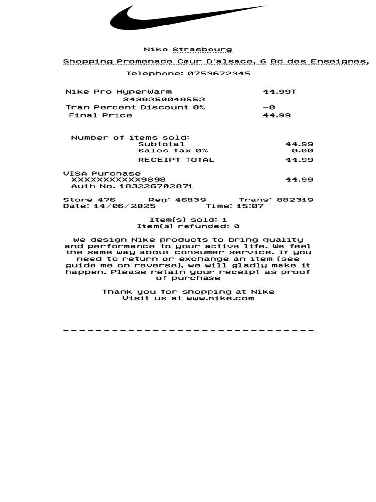 Nike Strasbourg Purchase Receipt | PDF