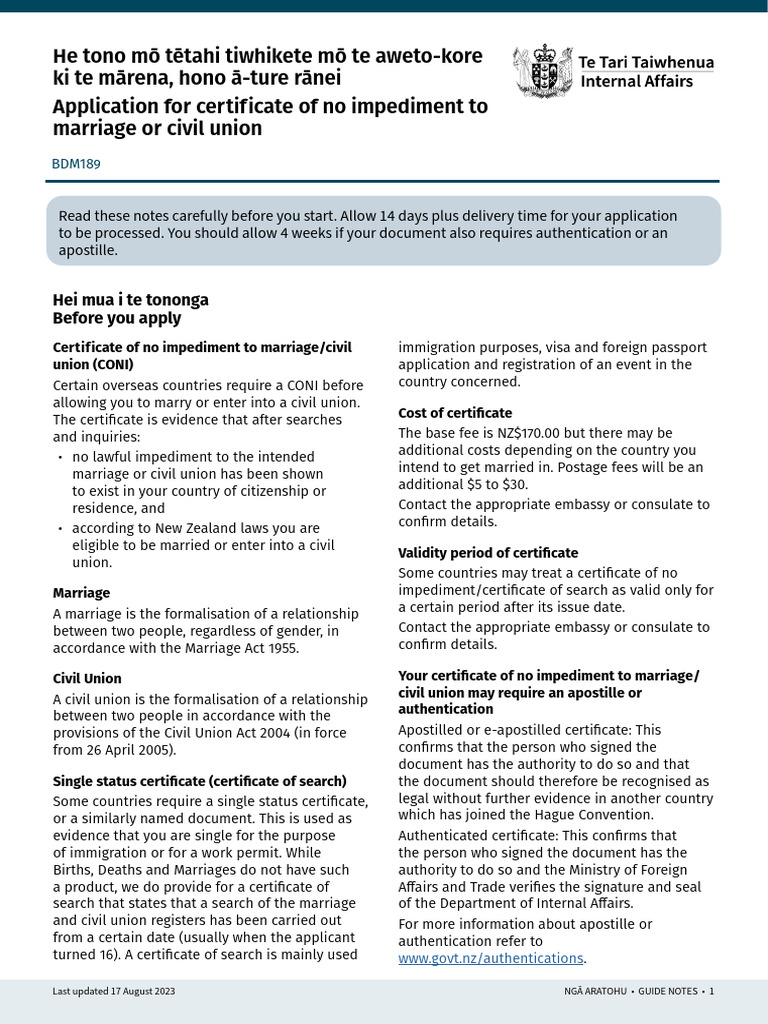 Application For Certificate of No Impediment To Marriage or Civil Union ...