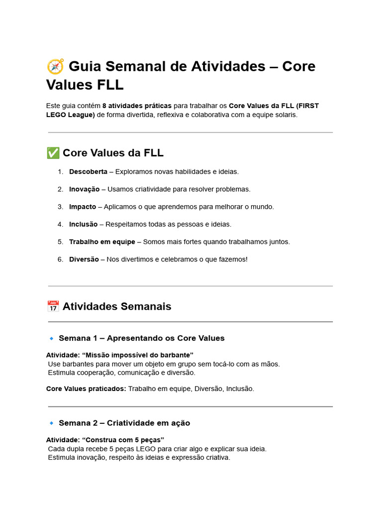 Atividades Semanais para Core Values FLL | PDF | Inovação