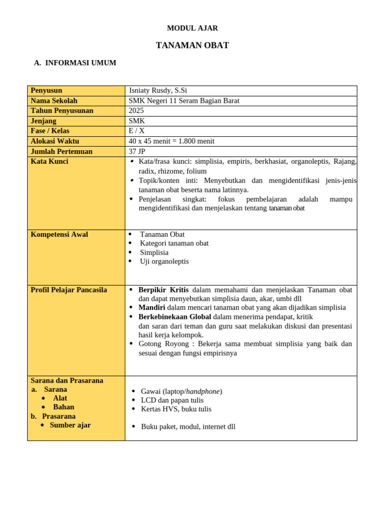 MODUL AJAR Elemen Tanaman Obat | PDF