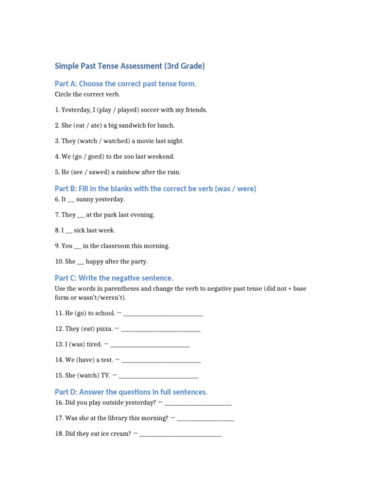 Grade 3 Simple Past Tense Assessment | PDF