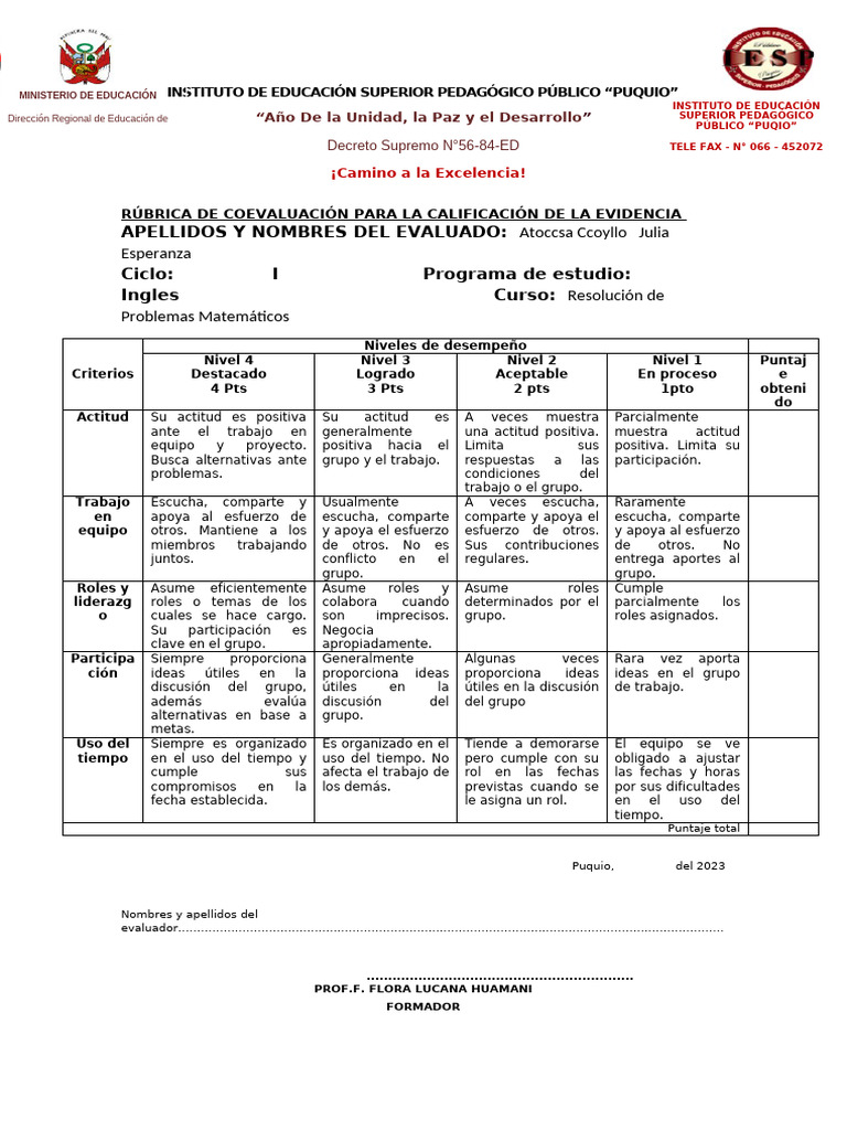 Rubrica de Coevaluacion (1) | PDF