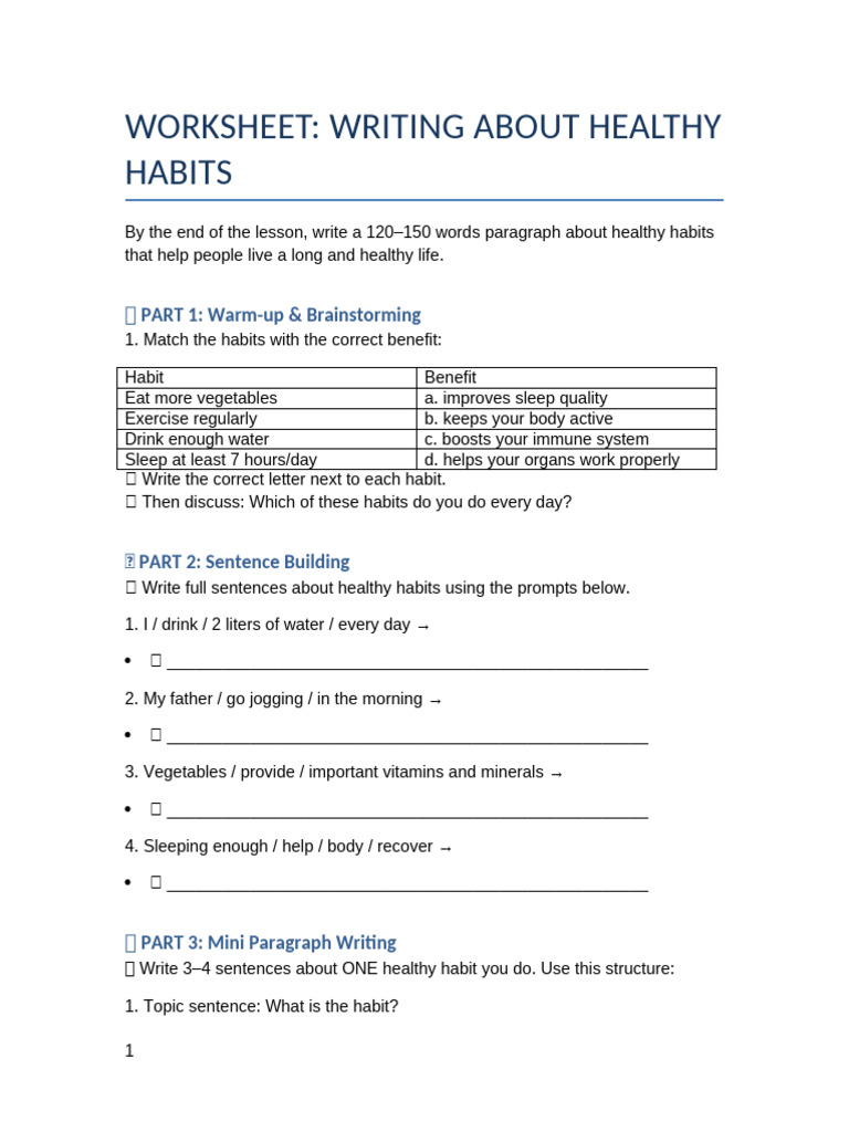 Healthy Habits Writing Worksheet | PDF