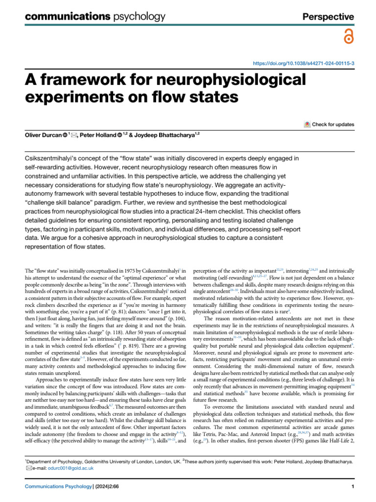 A Framework For Neurophysiological Experiments On Flow States | PDF ...