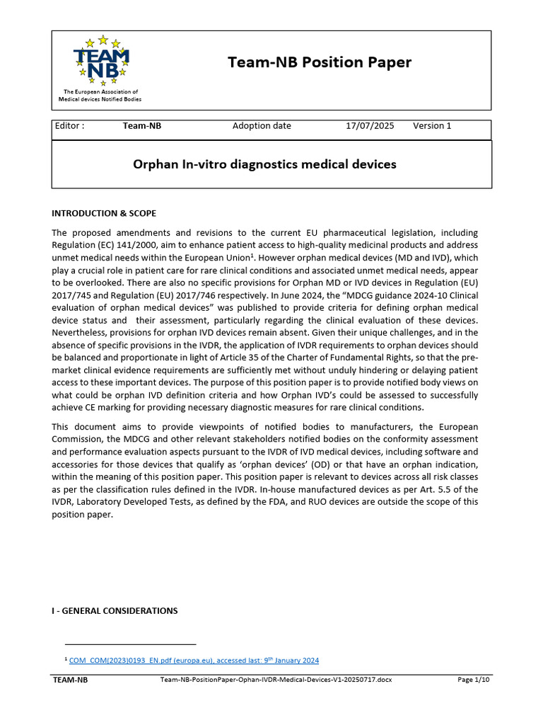 MedBoard - TEAM NB Position Paper Orphan IVDs Under IVDR | PDF | Medical Device | Medical Diagnosis