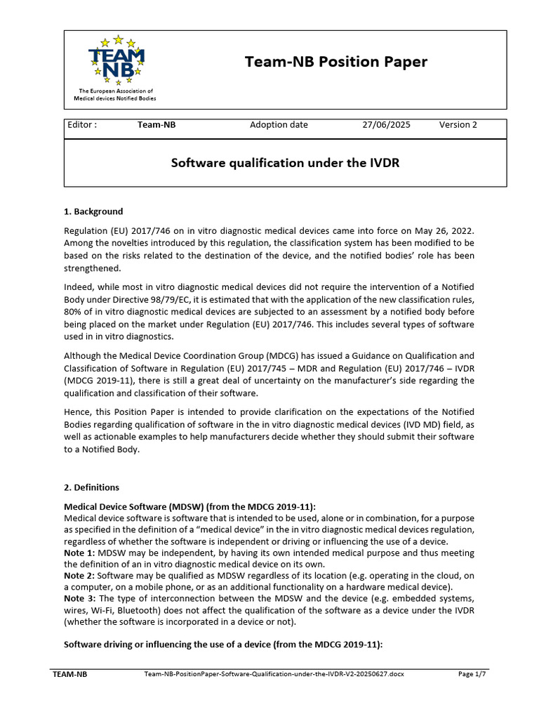 Position Paper On Software Qualification Under The IVDR | PDF | Medical Device | Medicine