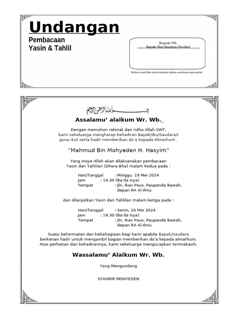 Undangan Tahlilan 100 Hari dan 40 Hari | PDF