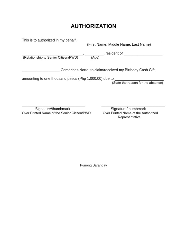 Senior Citizen Cash Gift Authorization | PDF