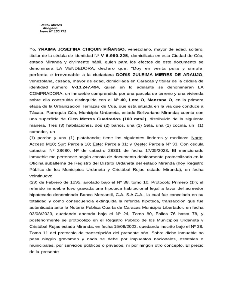 Documento de Compra Venta Casa Doris Mieres 3 Con Propietaria Yraima | PDF