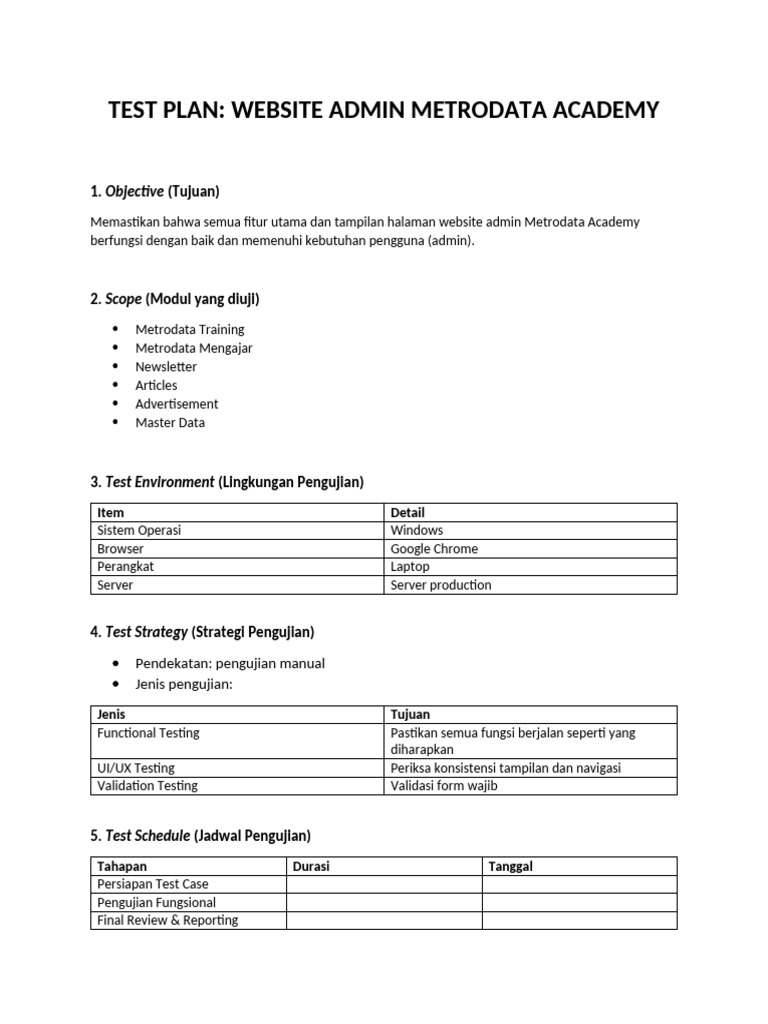 Rencana Uji Website Admin Metrodata | PDF