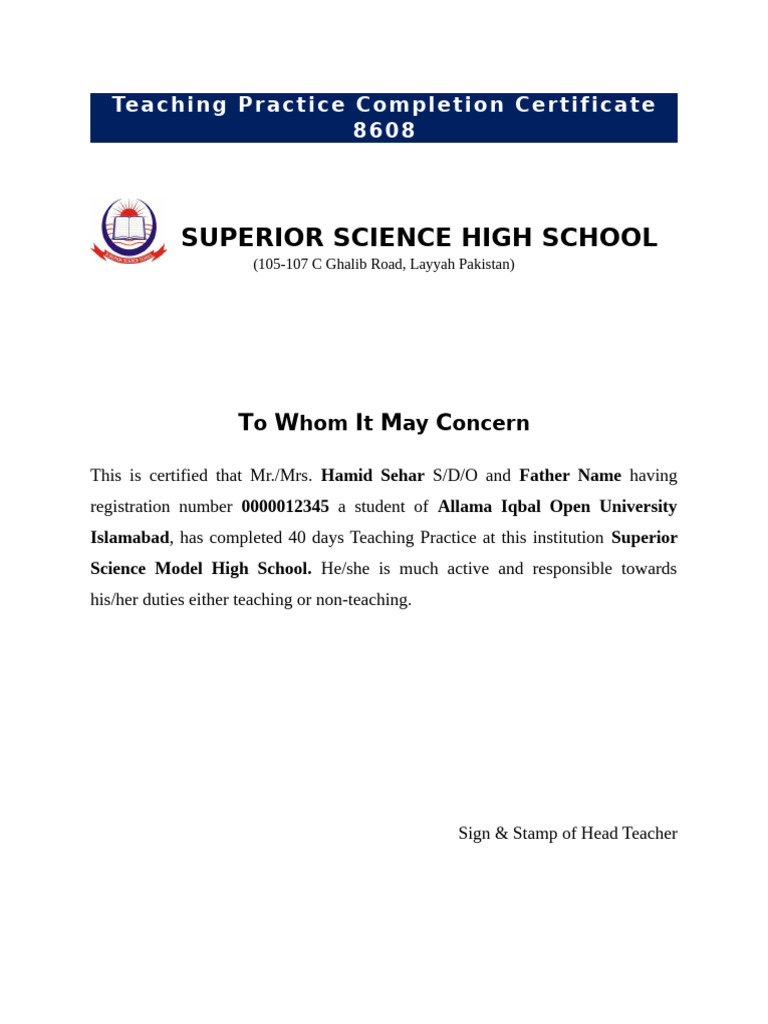 Teaching Practice Completion Certificate Pdf
