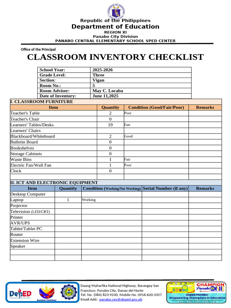 Classroom Inventory Checklist 2025-2026 | PDF | Classroom | Computing
