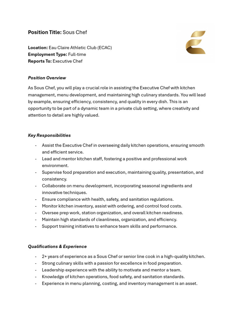 ECAC Sous Chef Job Description | PDF | Chef | Economies