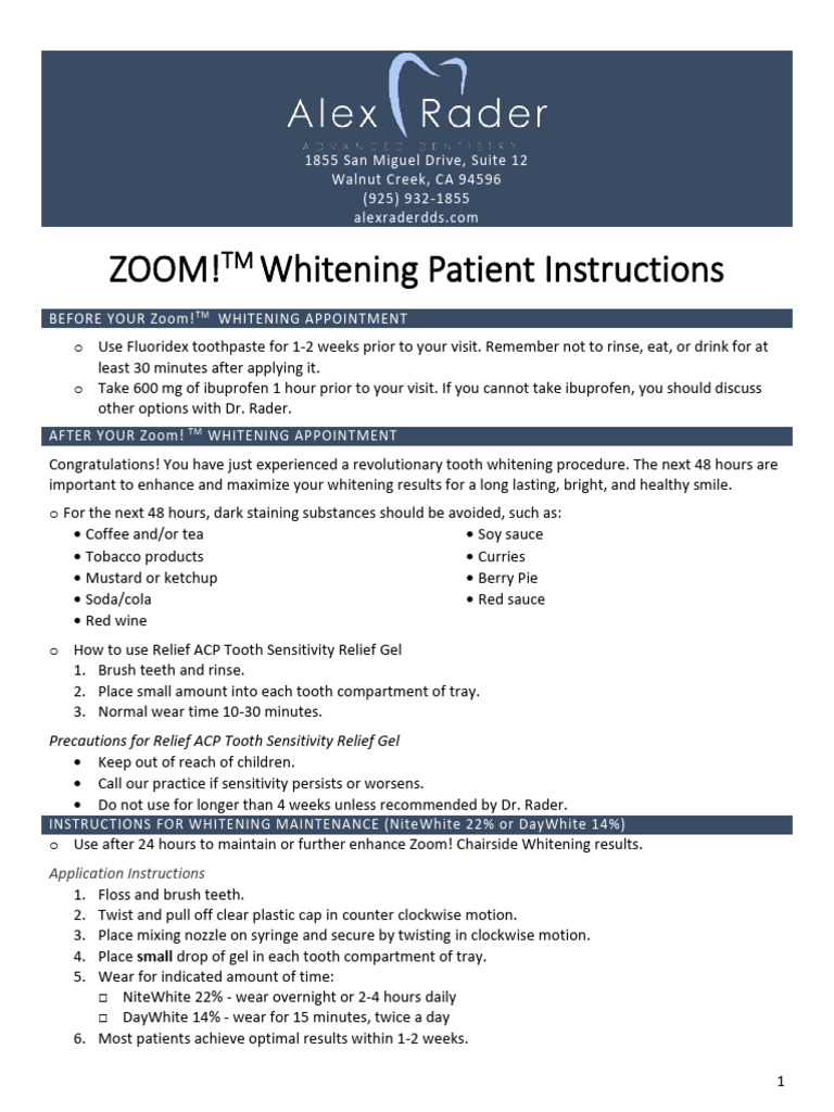 Zoom Whitening Patient Instructions | PDF | Oral Hygiene | Dentistry
