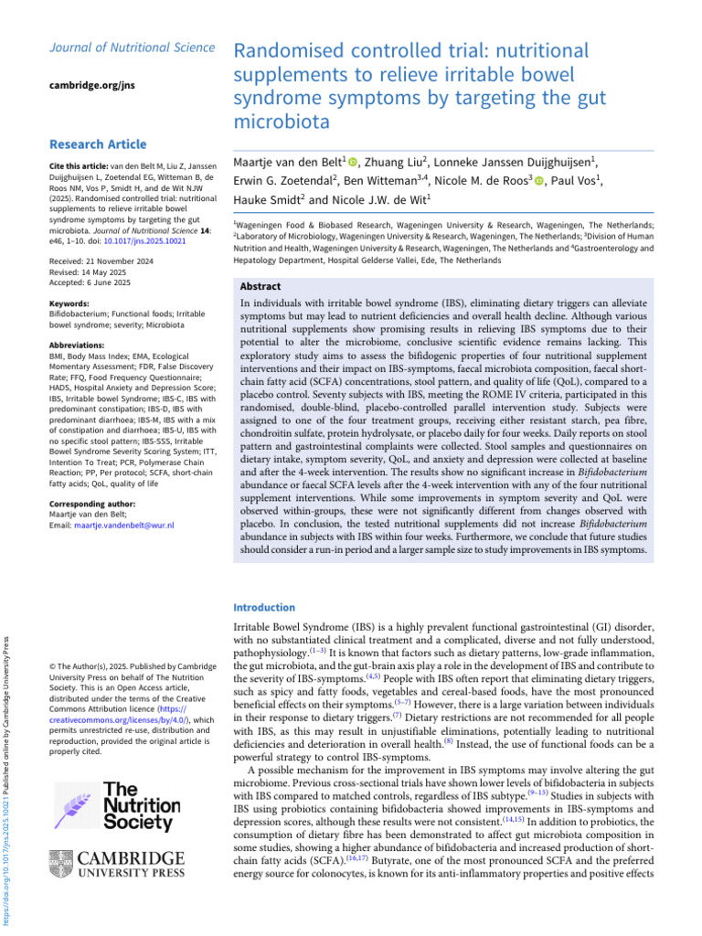Randomised Controlled Trial Nutritional Supplements To Relieve Irritable Bowel Syndrome Symptoms ...
