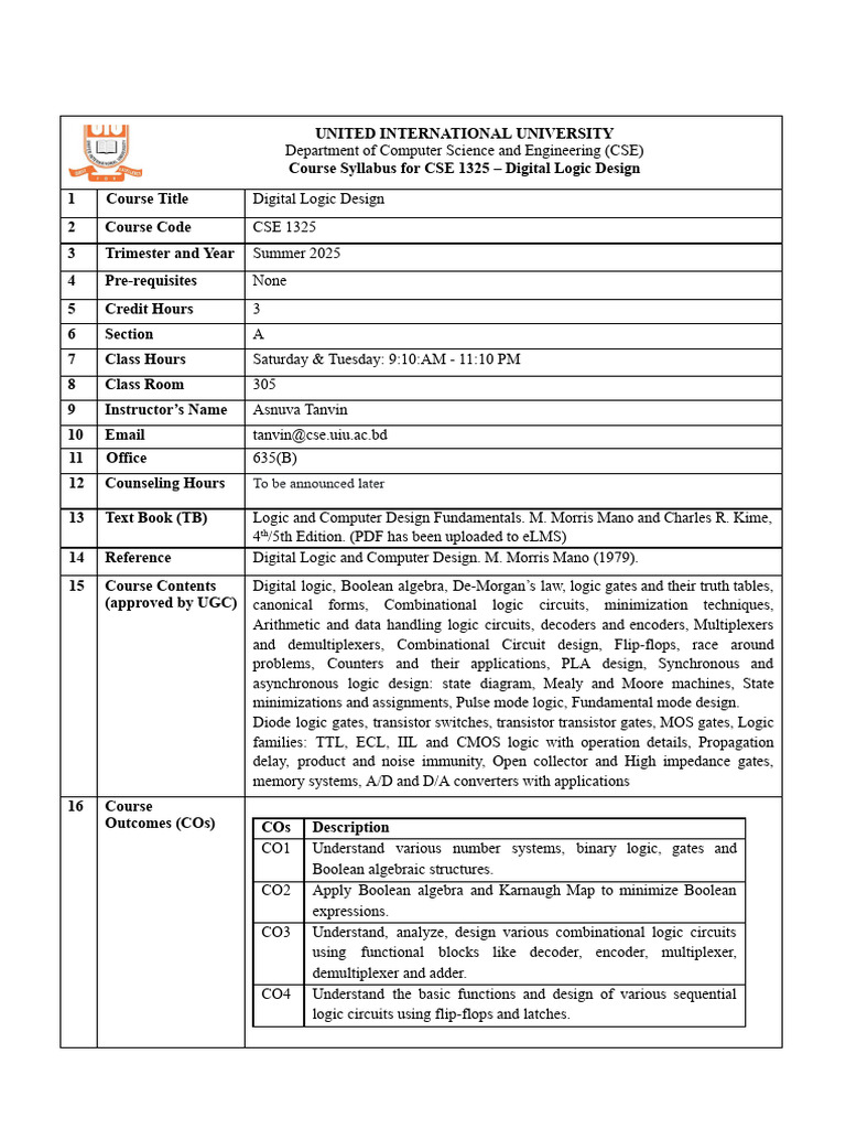 Course Outline CSE 1325 a AsTn.docx | PDF | Logic Gate | Boolean Algebra