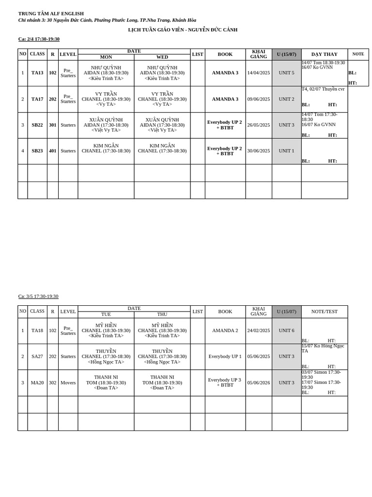 Thời Khoá Biểu Alf | PDF