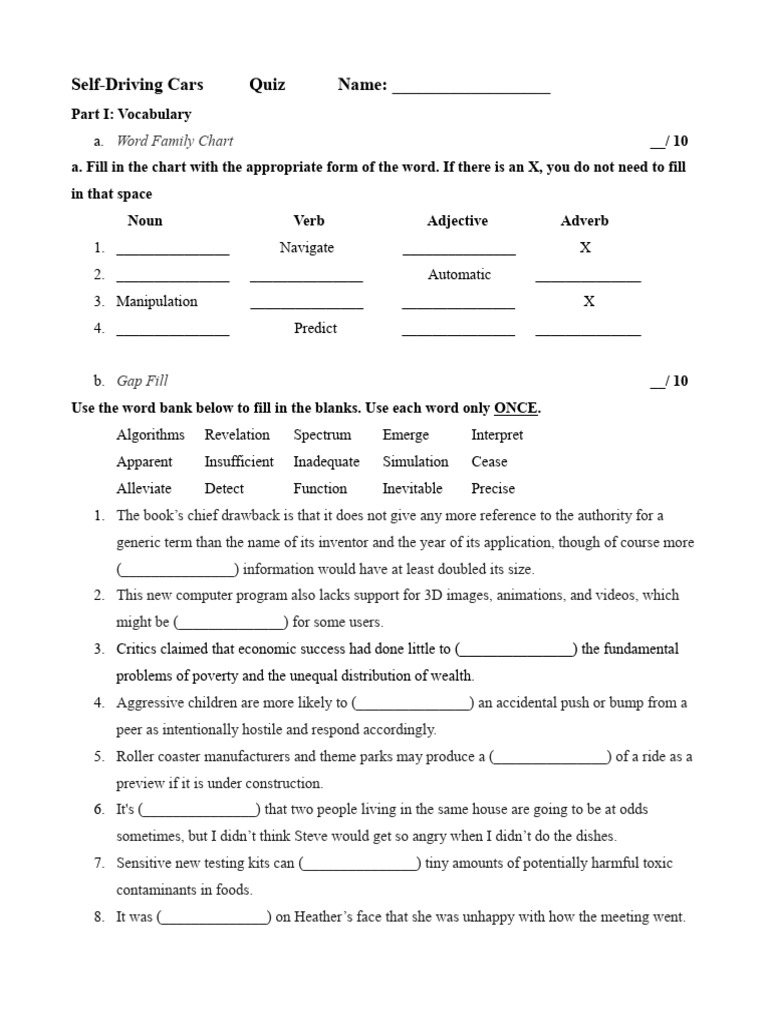 Self-Driving Cars Vocabulary Quiz | PDF | Word | Linguistics