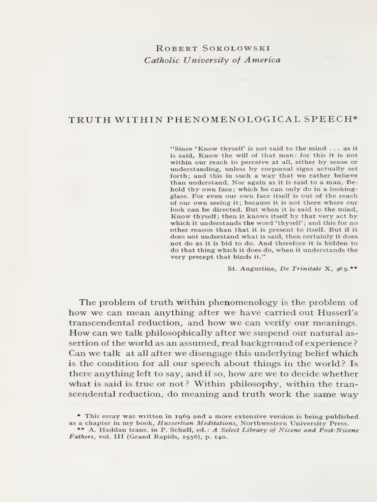 Robert Sokolowski, The Truth Within Phenomenological Speech | PDF | Phenomenology (Philosophy ...