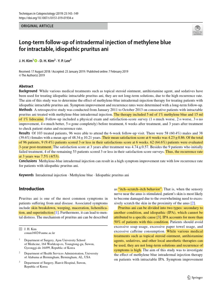 Intradermal Injection of Methylene Blue For Pruritus Ani | PDF | Diseases And Disorders ...