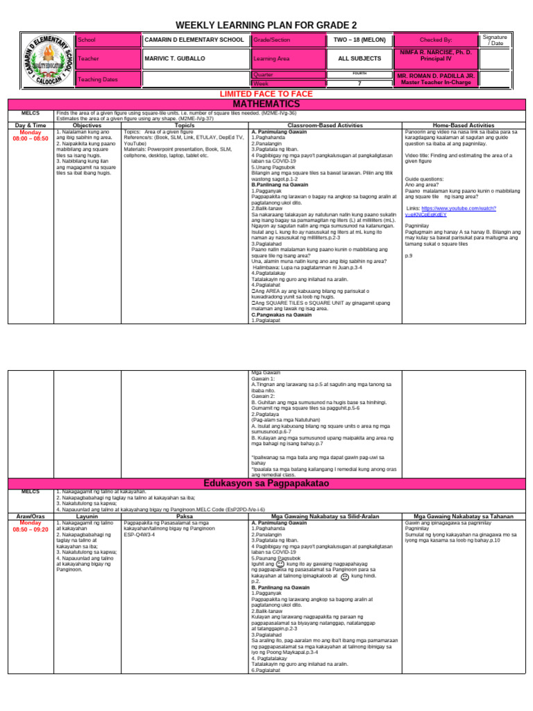 Weekly Learning Plan-Q4w7 | PDF