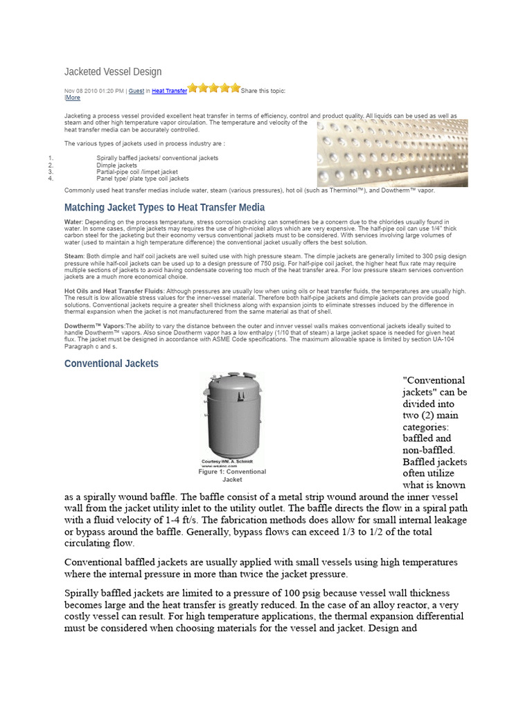 Jacket Design For Jacketed Vessels | PDF | Heat Transfer | Steam