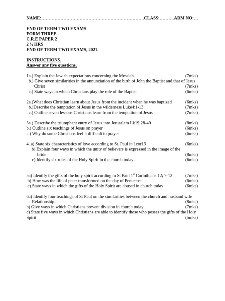 F3 CRE PP2 QN Teacher - Co .Ke End Term 2 | PDF
