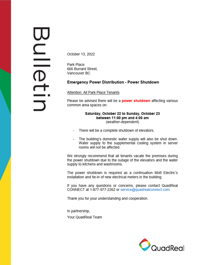 Bulletin - Park Place - Important Notice - Emergency Distribution Power ...